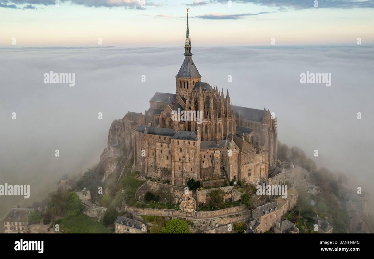 Aerial view of the historic island of Mont Saint-Michel with its ...