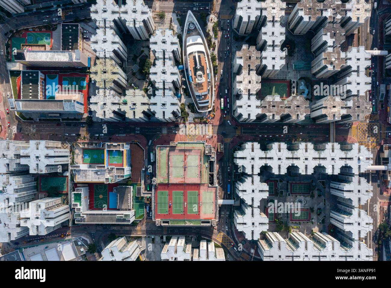 Aerial view of the Whampoa, a mall that looks like a boat, Kowloon City ...