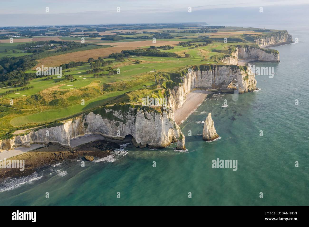 Aerial view of cliffs of Etretat, Seine-Maritime, Normandy, France ...
