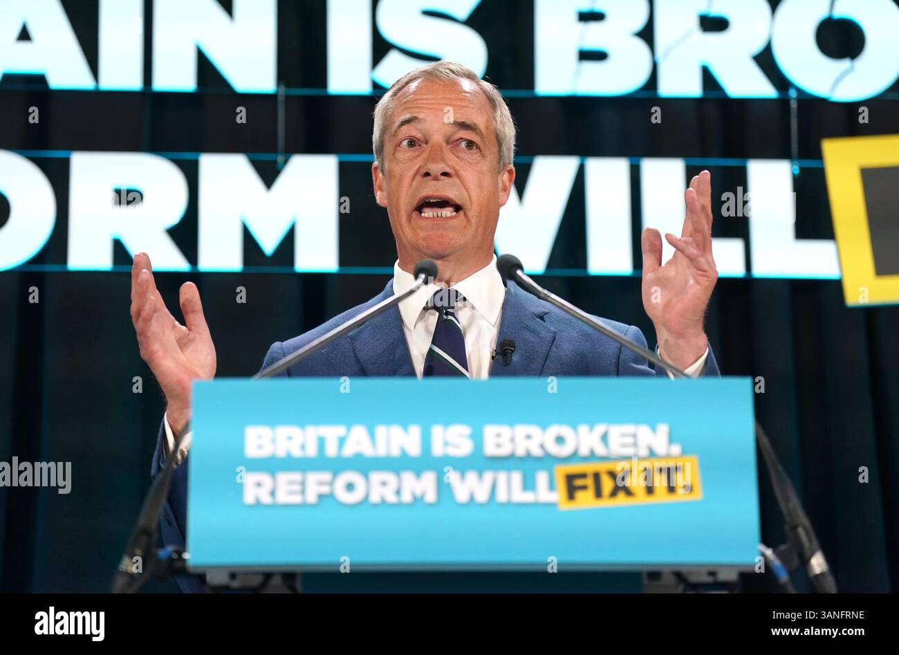 Reform UK leader Nigel Farage speaking at the Newton Aycliffe working ...