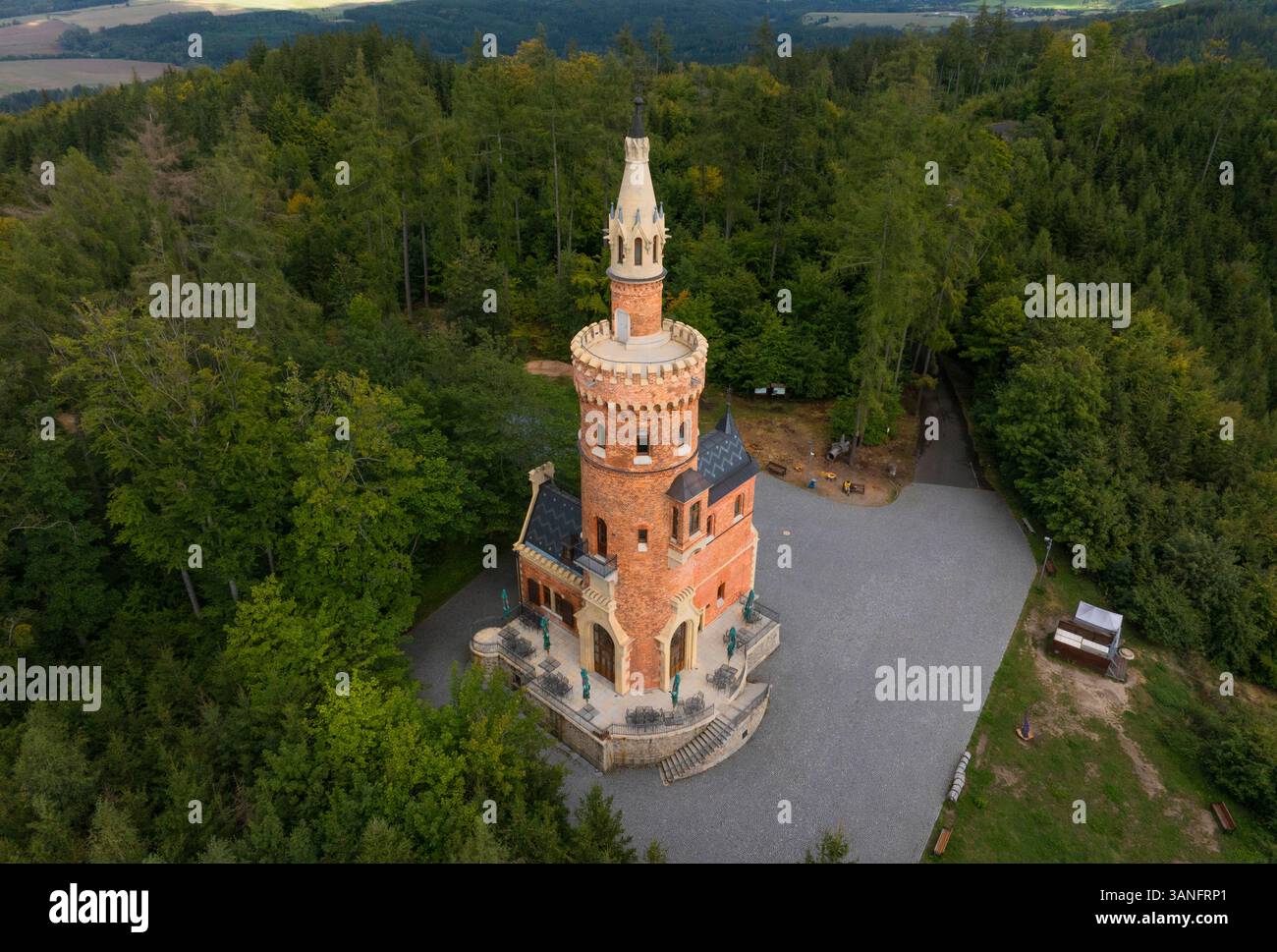 Aerial view of goethe's lookout tower surrounded by lush greenery and ...