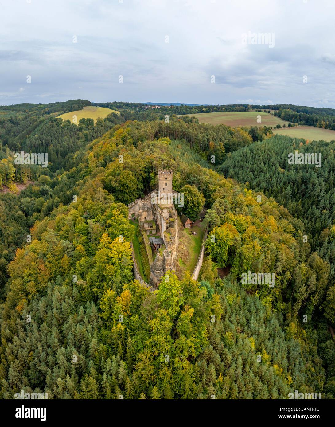 Aerial view of the abandoned medieval Burg Helfenburk castle surrounded ...