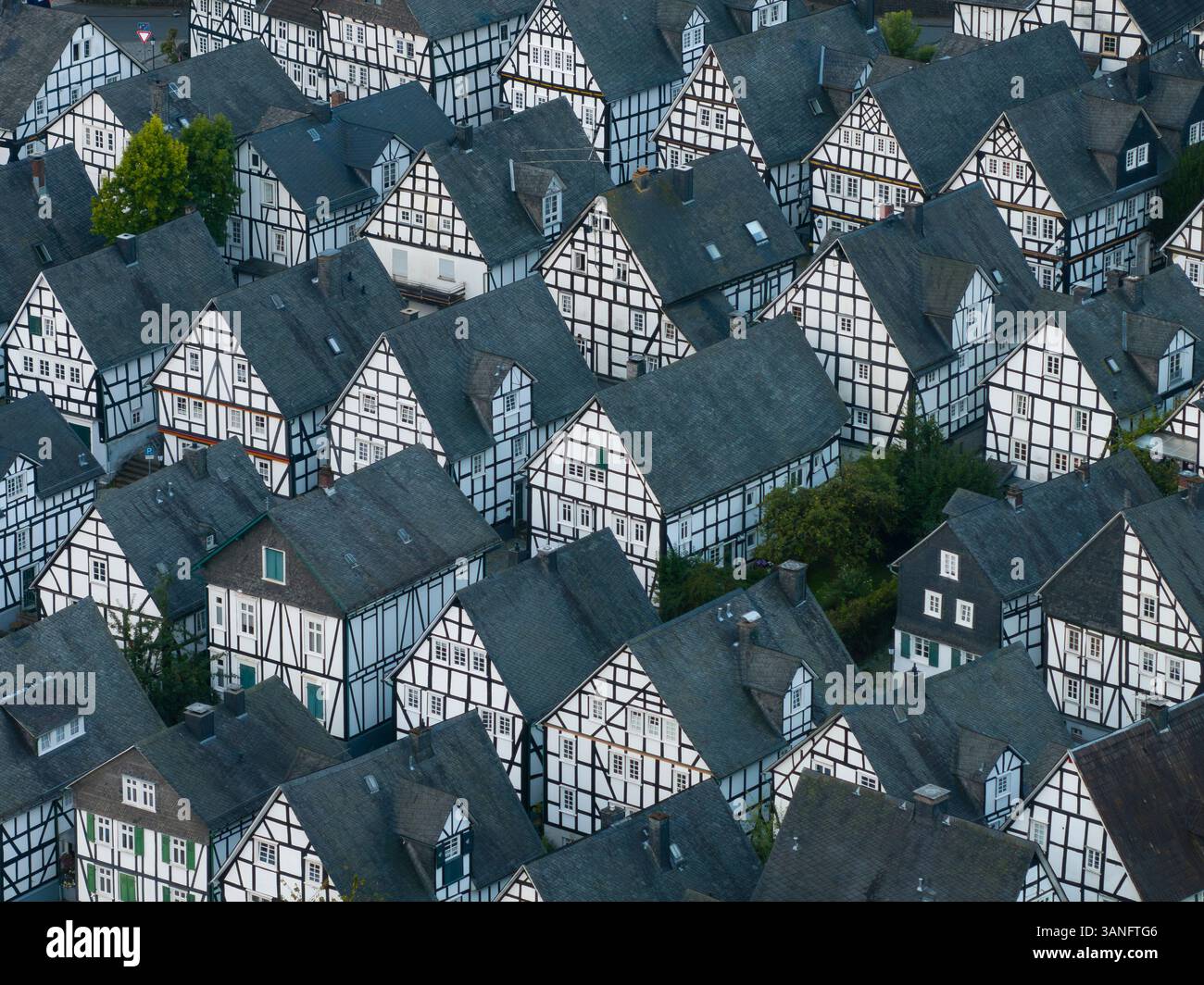 Aerial view of historic half-timbered houses in a beautiful village at ...