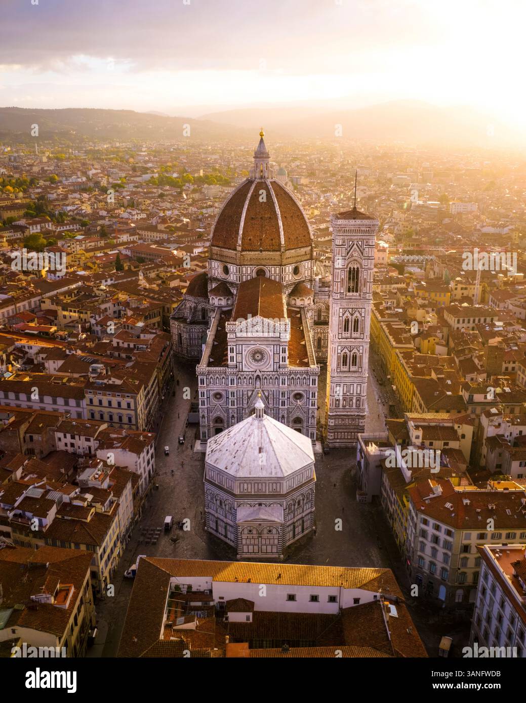 Aerial view of the iconic Santa Maria del Fiore cathedral at sunrise ...