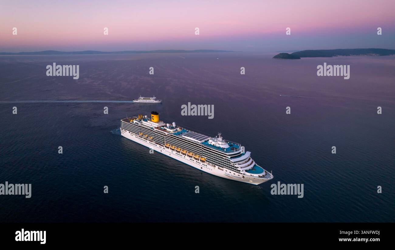 Split, Croatia - 30 October 2021: Aerial view of a luxurious cruise ...