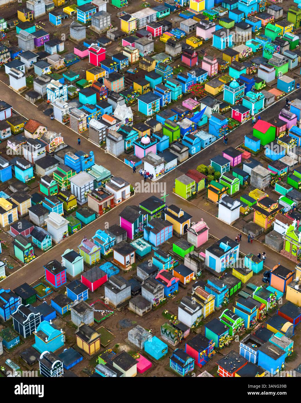 Aerial view of a colorful cemetery with gravestones and tombs, Sumpango ...