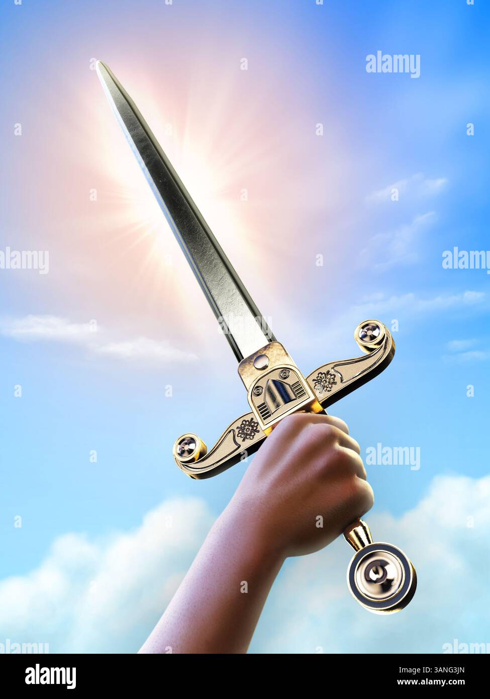 Male hand holding a short sword over a bright sky background, clipping ...