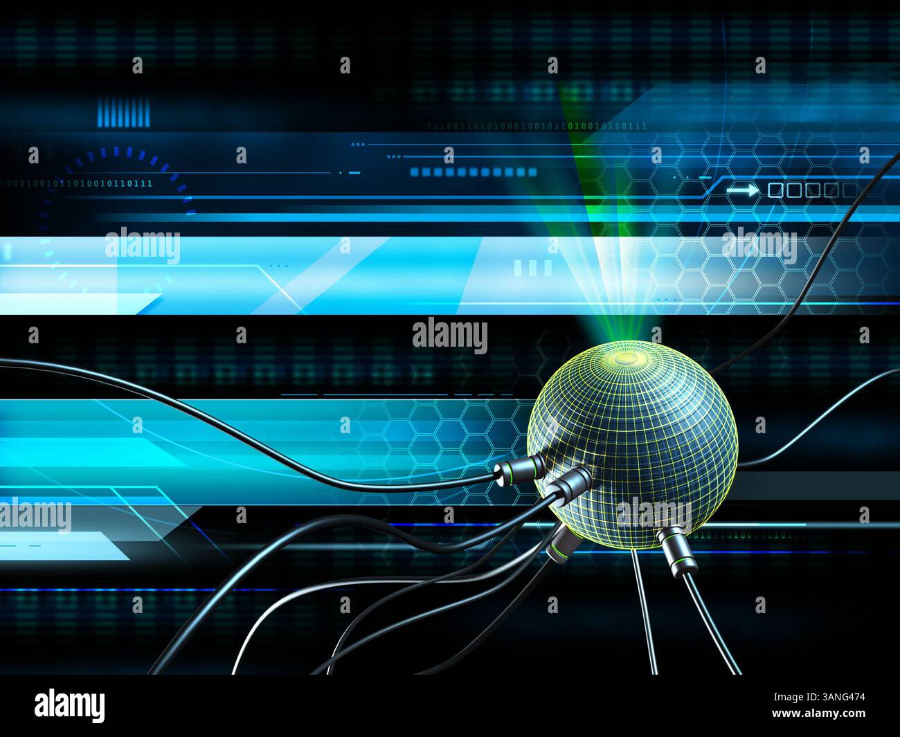 High technology background with some wires connected to a glowing ...