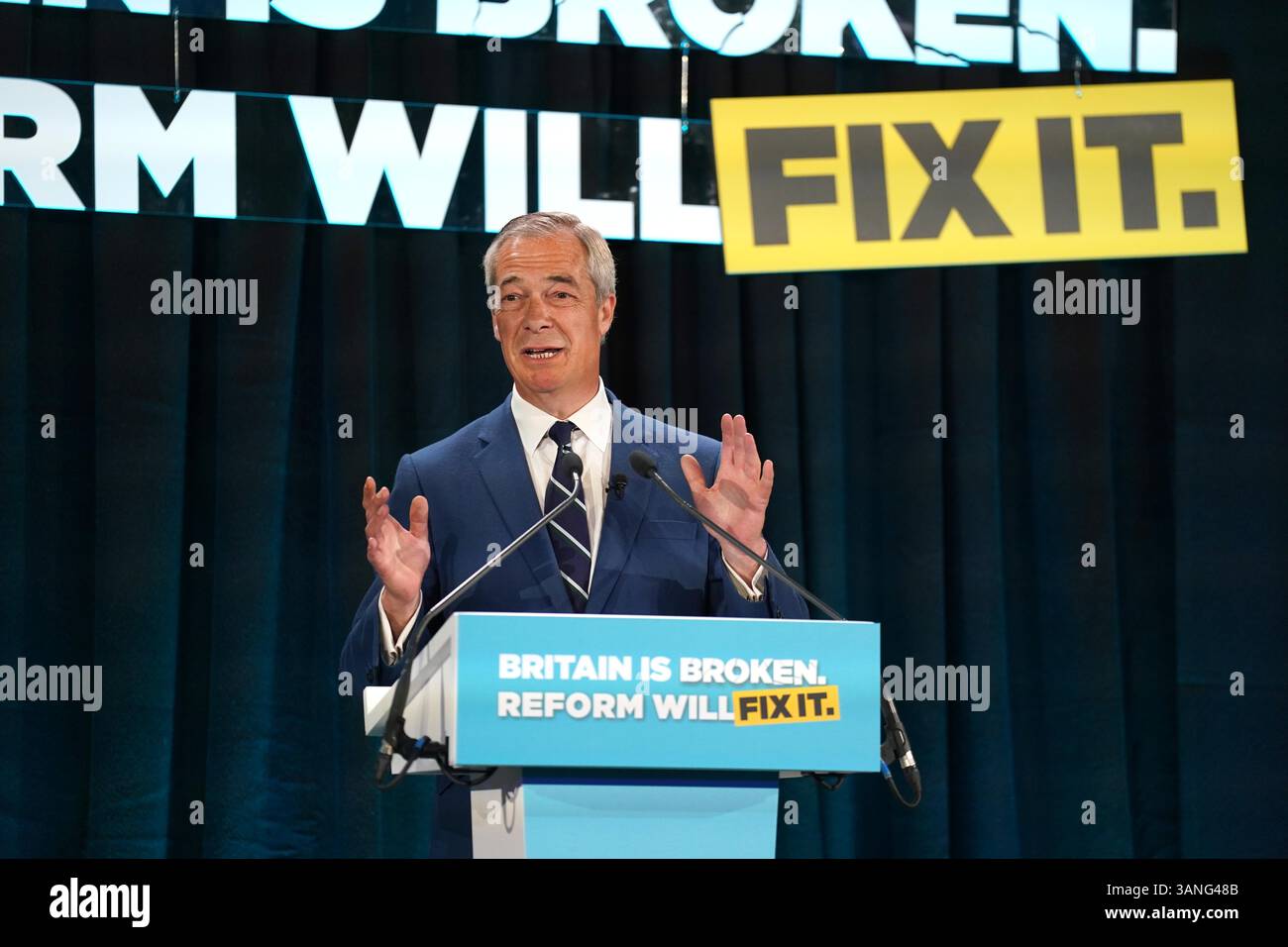 Reform UK leader Nigel Farage speaking at the Newton Aycliffe working ...