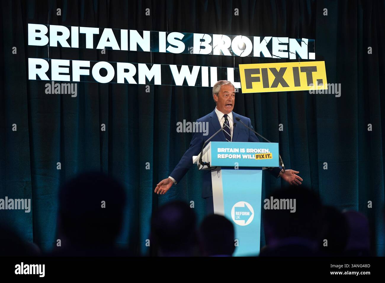 Reform UK leader Nigel Farage speaking at the Newton Aycliffe working ...