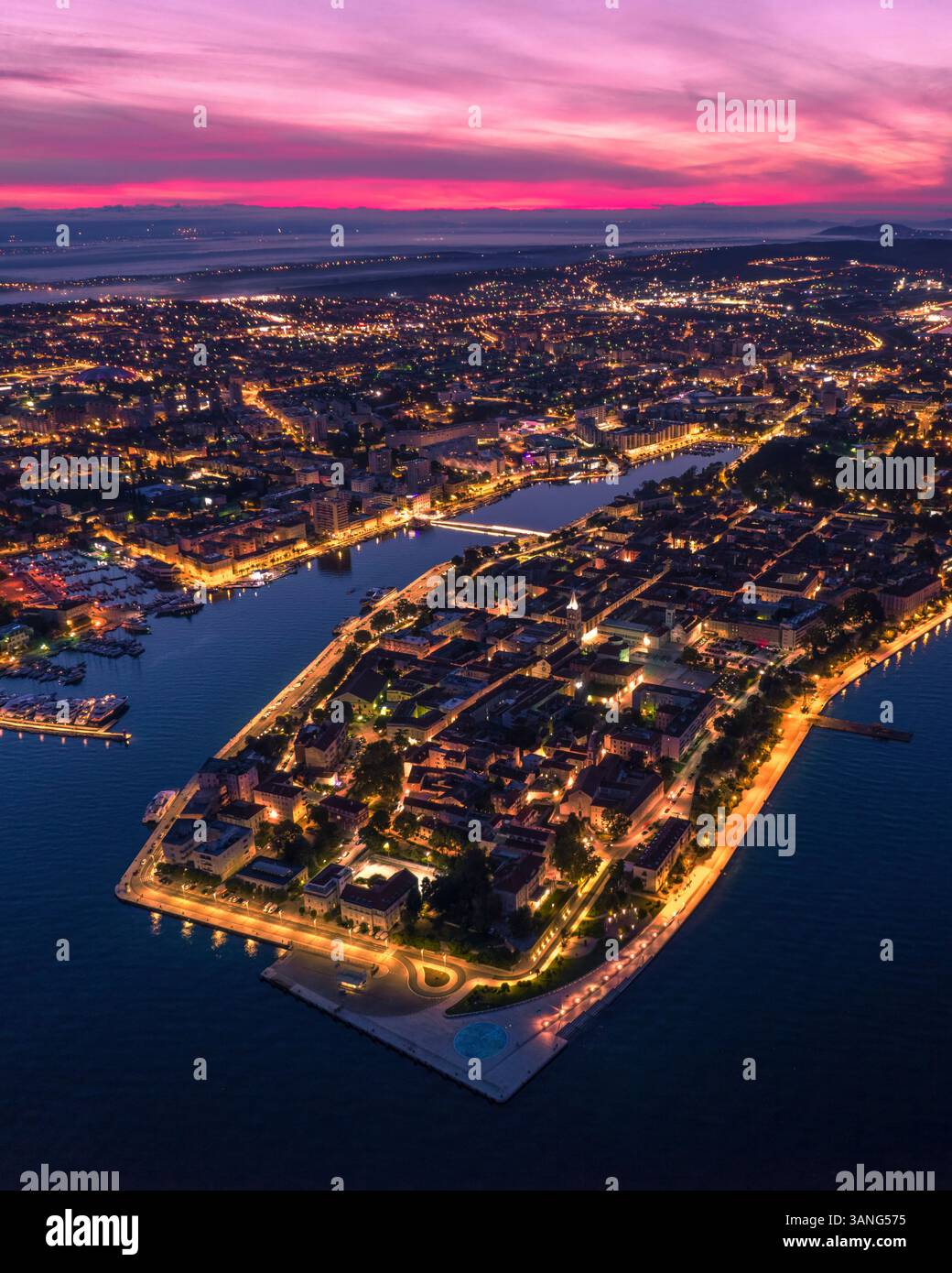 Aerial view of the beautiful city of Zadar at sunrise with vibrant ...