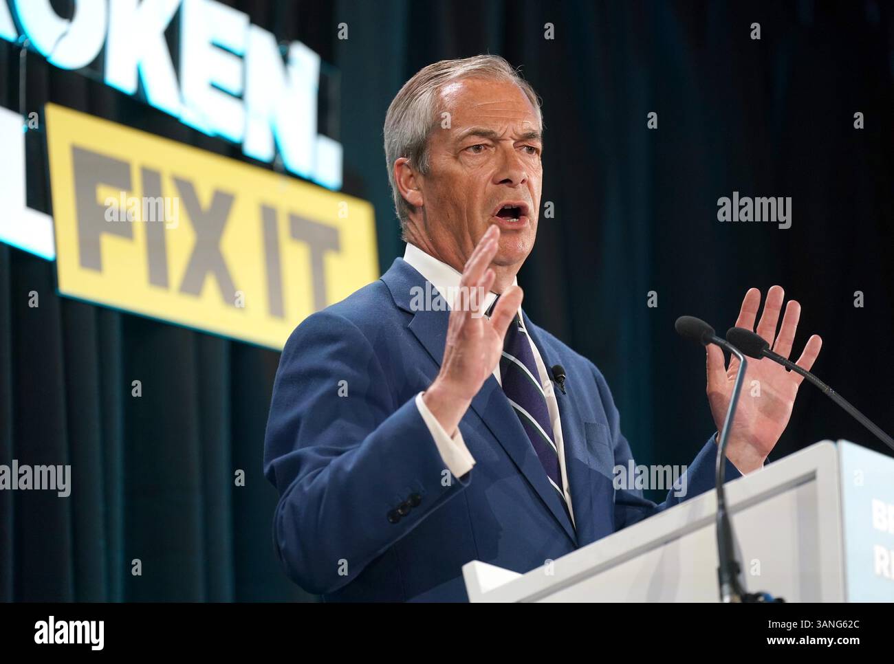 Reform UK leader Nigel Farage speaking at the Newton Aycliffe working ...