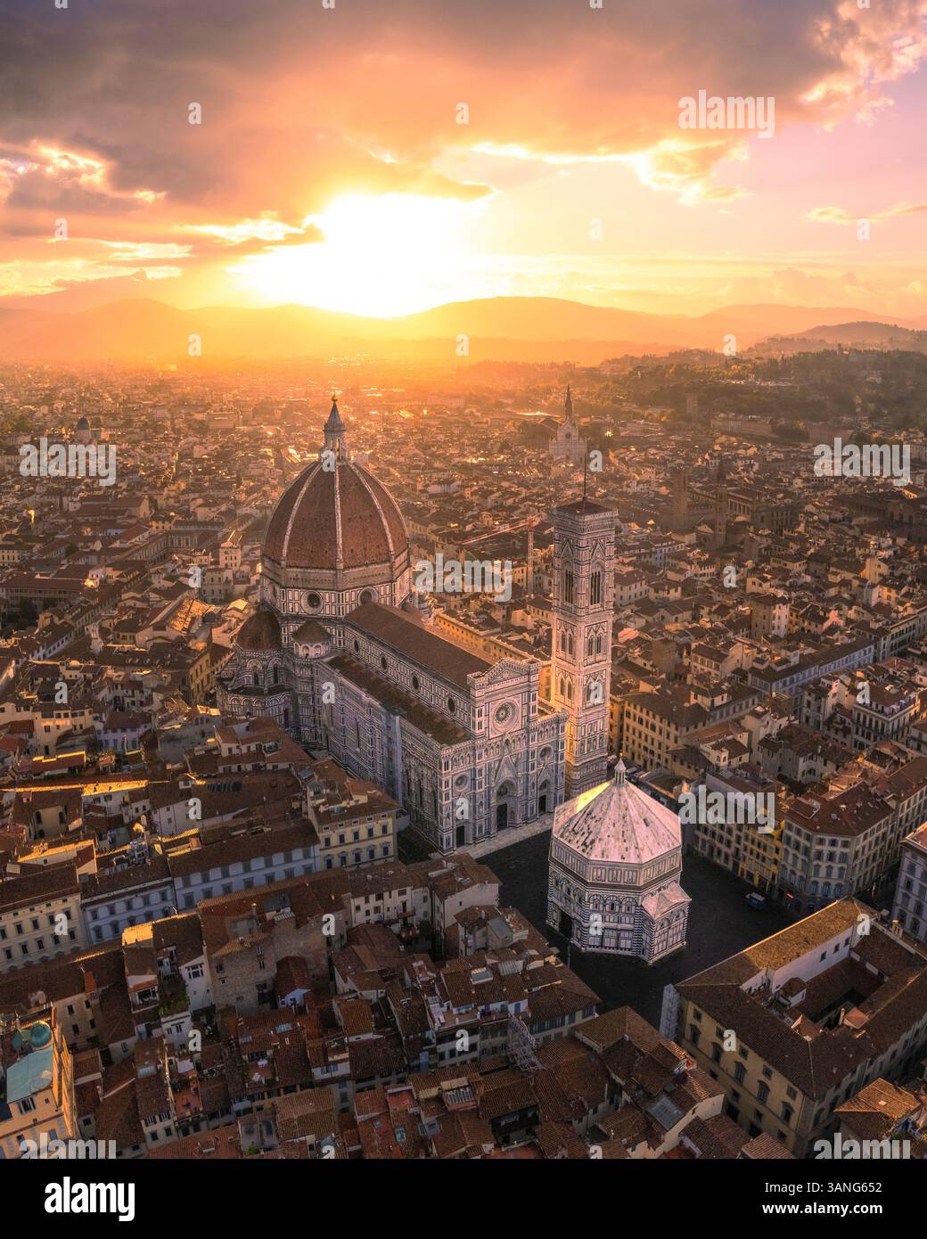 Aerial view of duomo santa maria del fiore at sunrise with beautiful ...