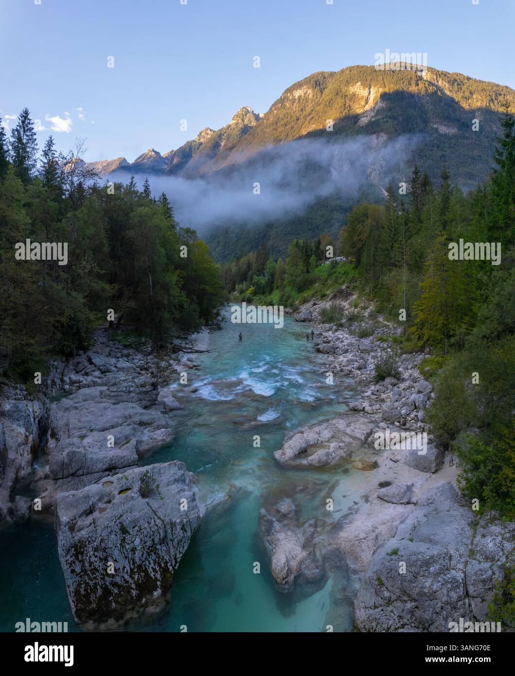Aerial drone view of river in Soca valley, Soca, Bovec, Slovenia Stock ...