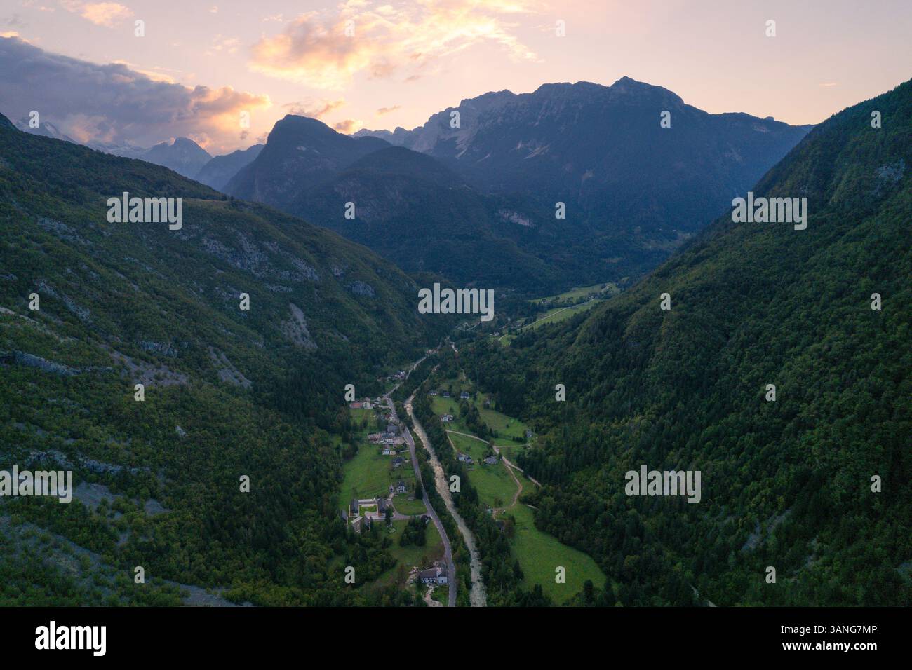 Aerial drone view of river in Soca valley, Soca, Bovec, Slovenia Stock ...
