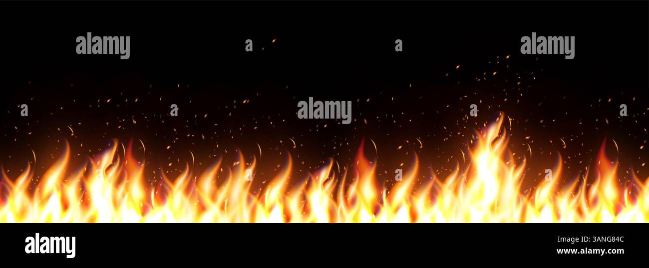 Burning Fire Flames With Sparks On Dark Background. Hot Realistic Fire ...