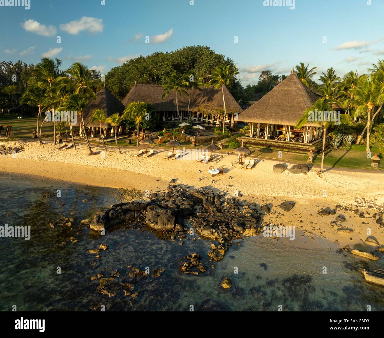 Aerial view of luxurious Oberoi beach with white sand, palm trees, and ...