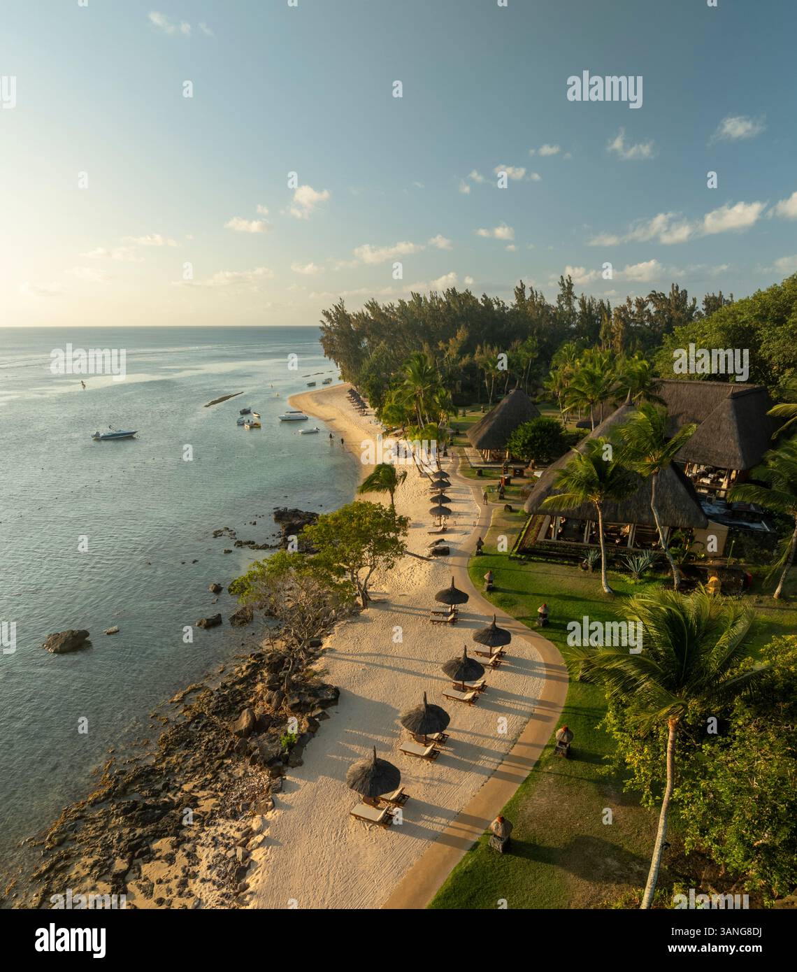 Aerial view of oberoi beach with luxury resort and palm trees under ...