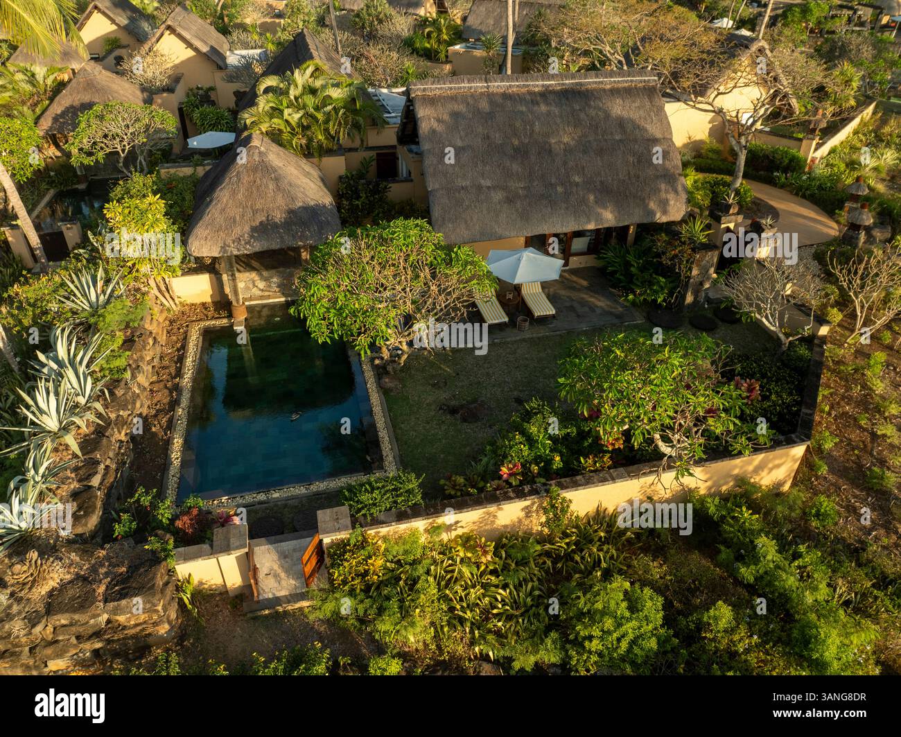 Aerial view of luxurious oberoi beach resort with swimming pool and ...
