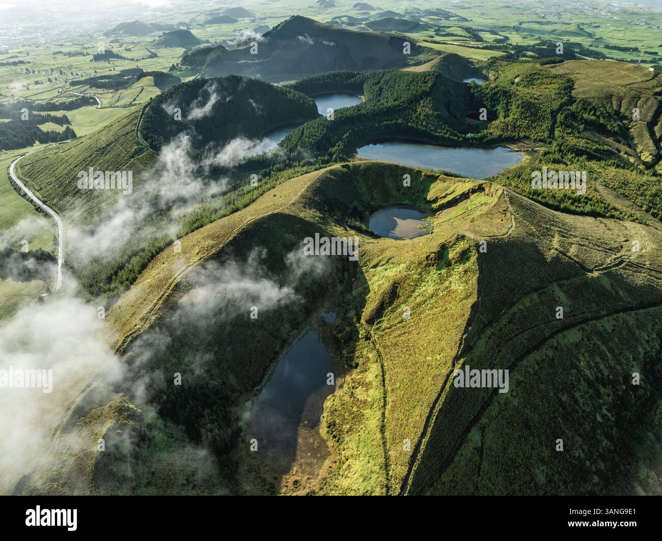 Aerial view of Seven Lakes with craters, lakes, mountains, and valley ...