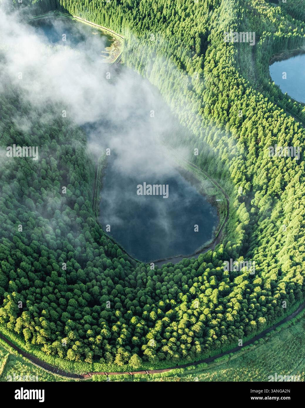 Aerial view of lush Seven Lakes with vibrant greenery and serene clouds ...