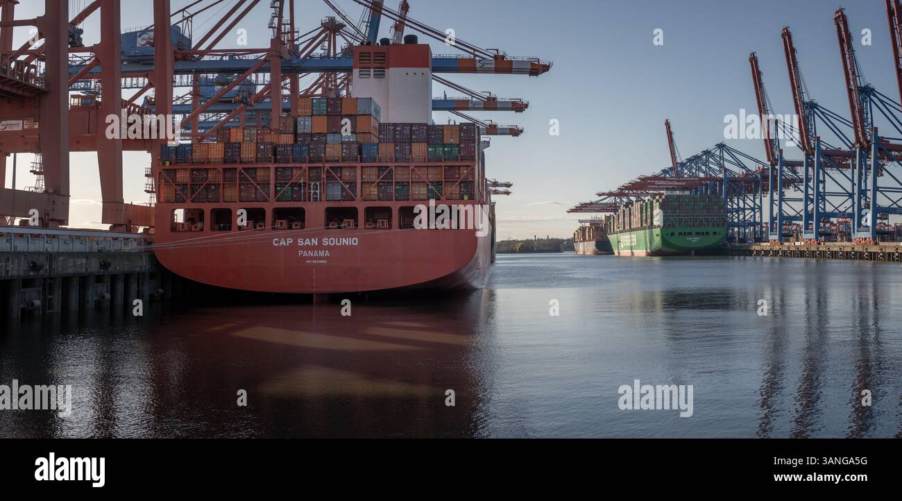 Container Port Hamburg with Cargo Ship During Container Handling ...