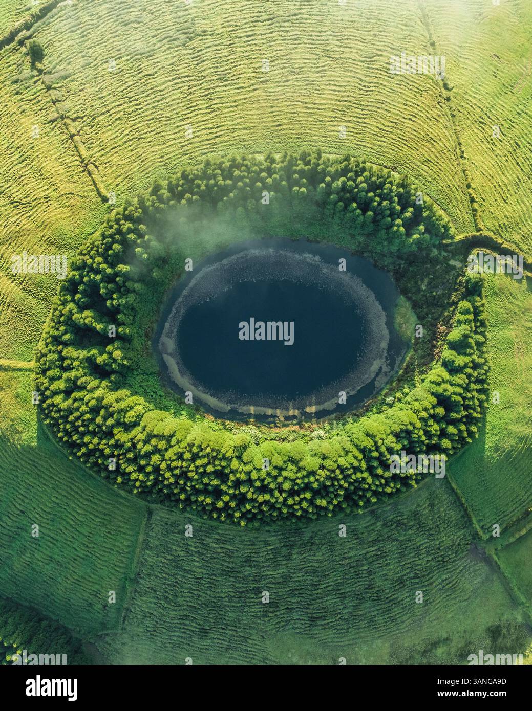 Aerial view of Seven Lakes and lush forest in Capelas, Azores Islands ...