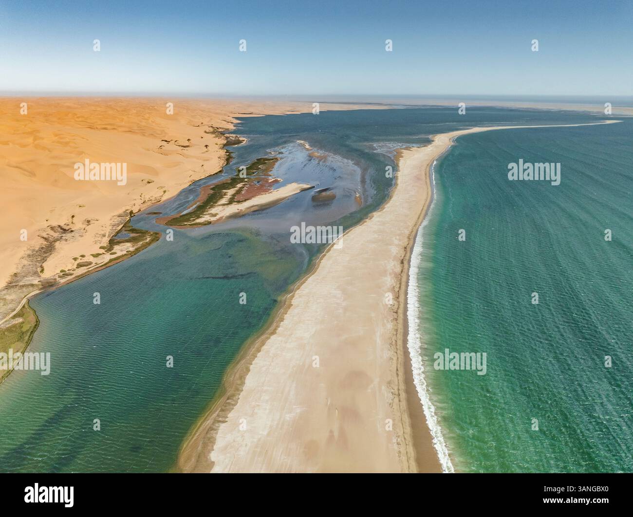 Aerial view of sandy Sandwich harbour and sand dune, Erongo, Namibia ...