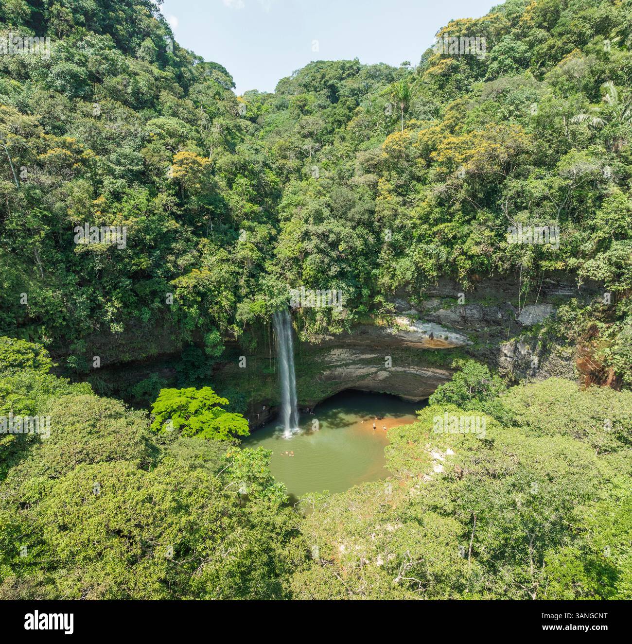 Aerial view of lush forest with La Esmeralda Waterfall, Mesetas, Meta ...