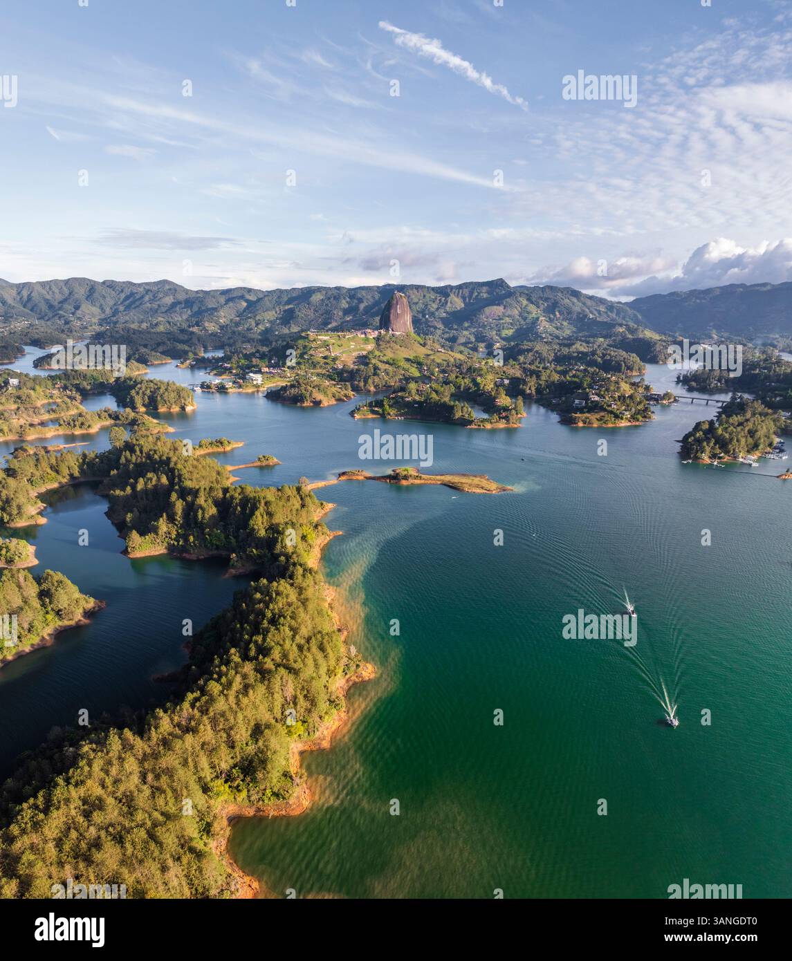Aerial view of Embalse de Penol with boat, Guatape, Antioquia, Colombia ...