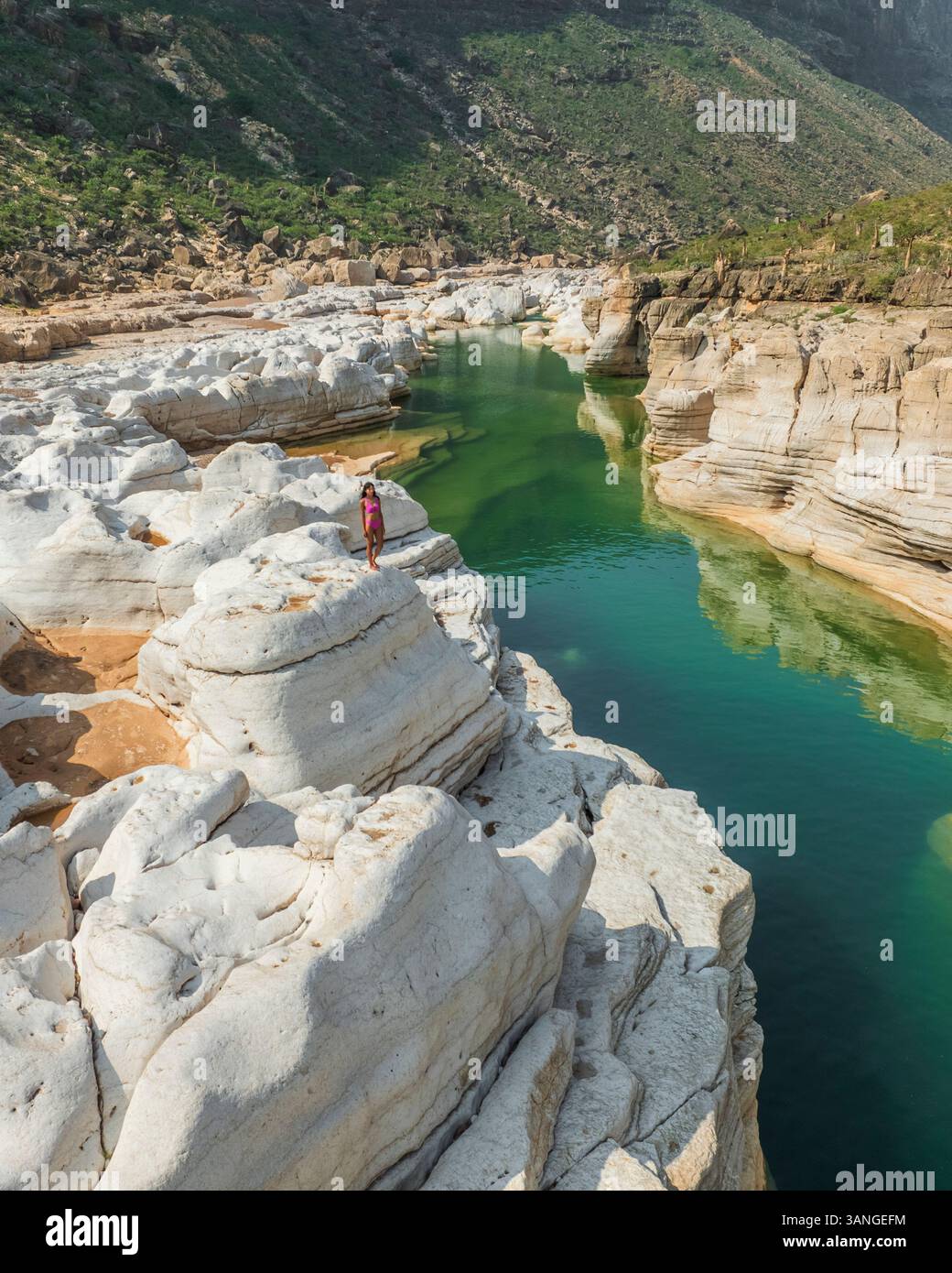 Aerial view of Kalysan Canyon, woman, Kalleesa, Socotra, Yemen Stock ...