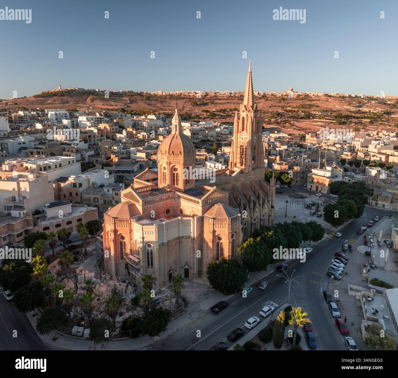 Aerial view of historic Ghajnsielem Parish church in Gozo, Mgarr ...