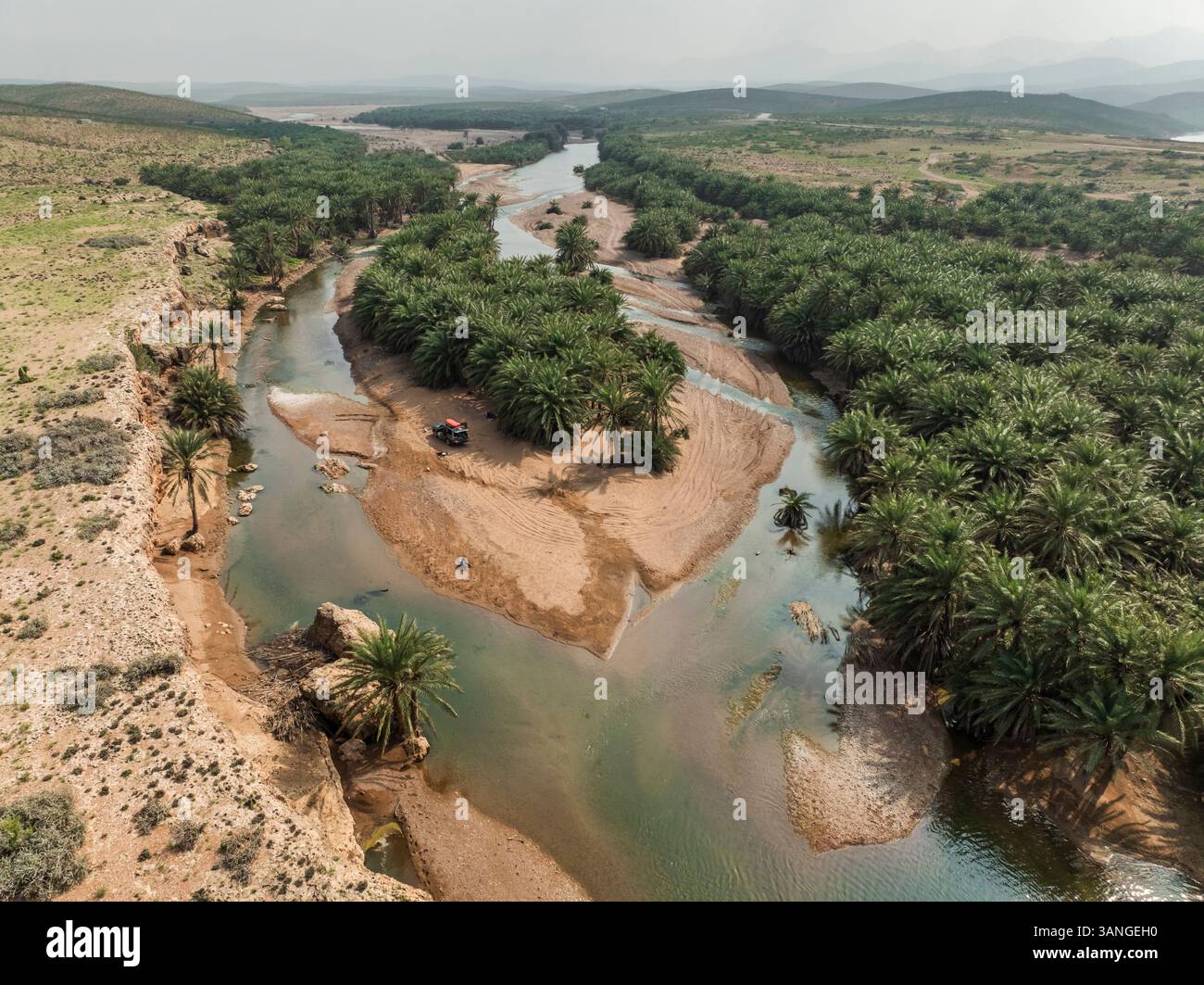 Aerial view of Wadi Kerie with vehicle, Ararhin, Socotra, Yemen Stock ...