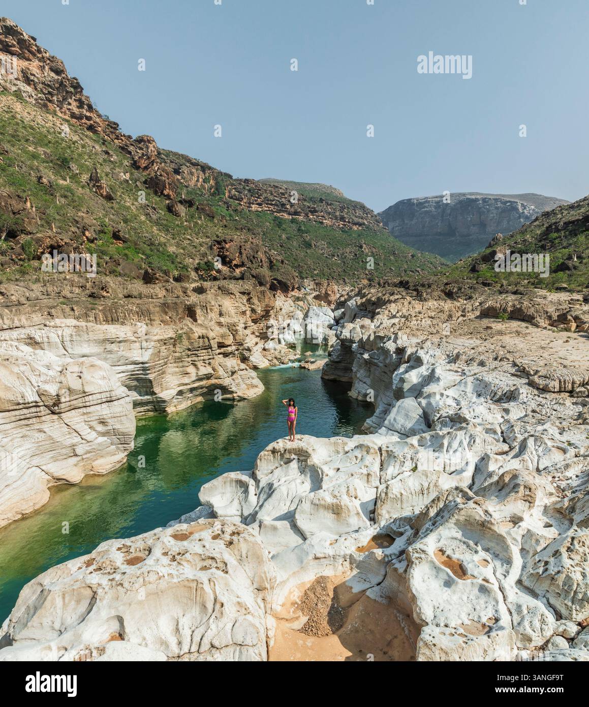 Aerial view of Kalysan Canyon, woman, Kalleesa, Socotra, Yemen Stock ...