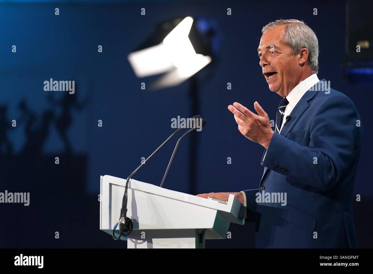 Reform UK leader Nigel Farage speaking at the Newton Aycliffe working ...