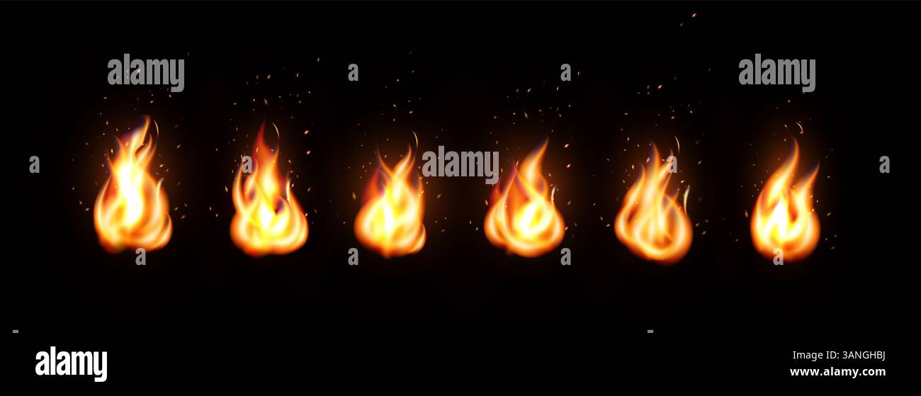 Realistic burning fire icon set. Bright hot flame with glowing light ...