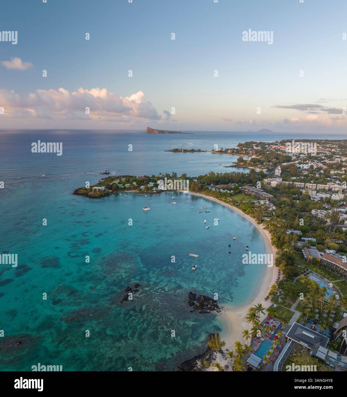 Aerial view of tropical paradise resort with coral reef and turquoise ...