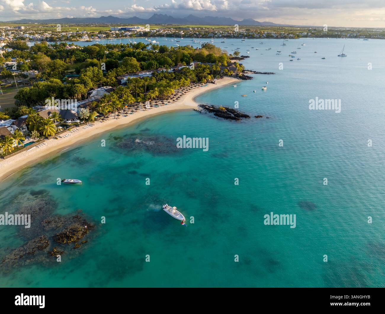 Aerial view of Royal Palm hotel and boats, Riviere du Rempart ...