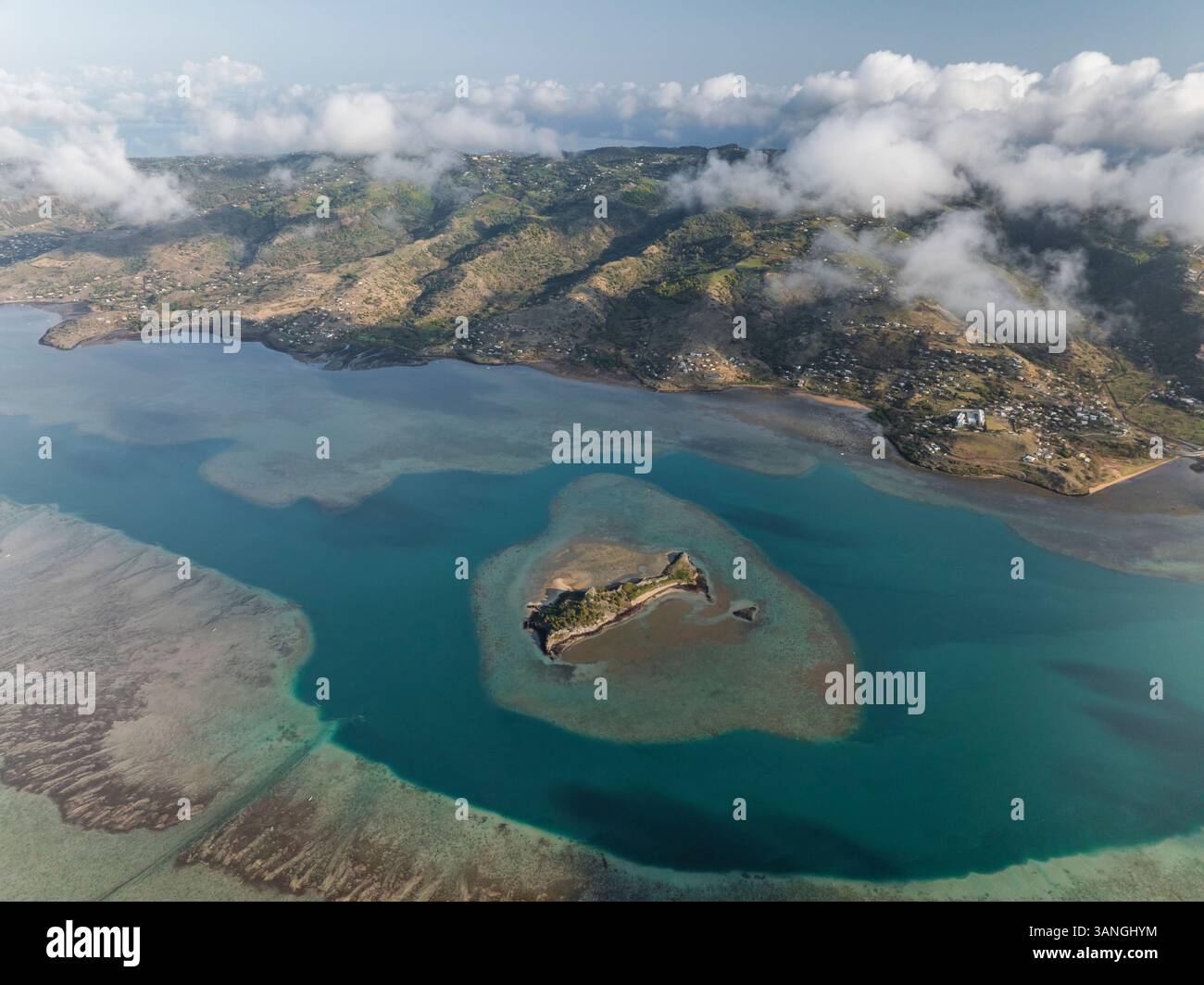 Aerial view of Hermitage Island, Rodrigues with beautiful coastline and ...