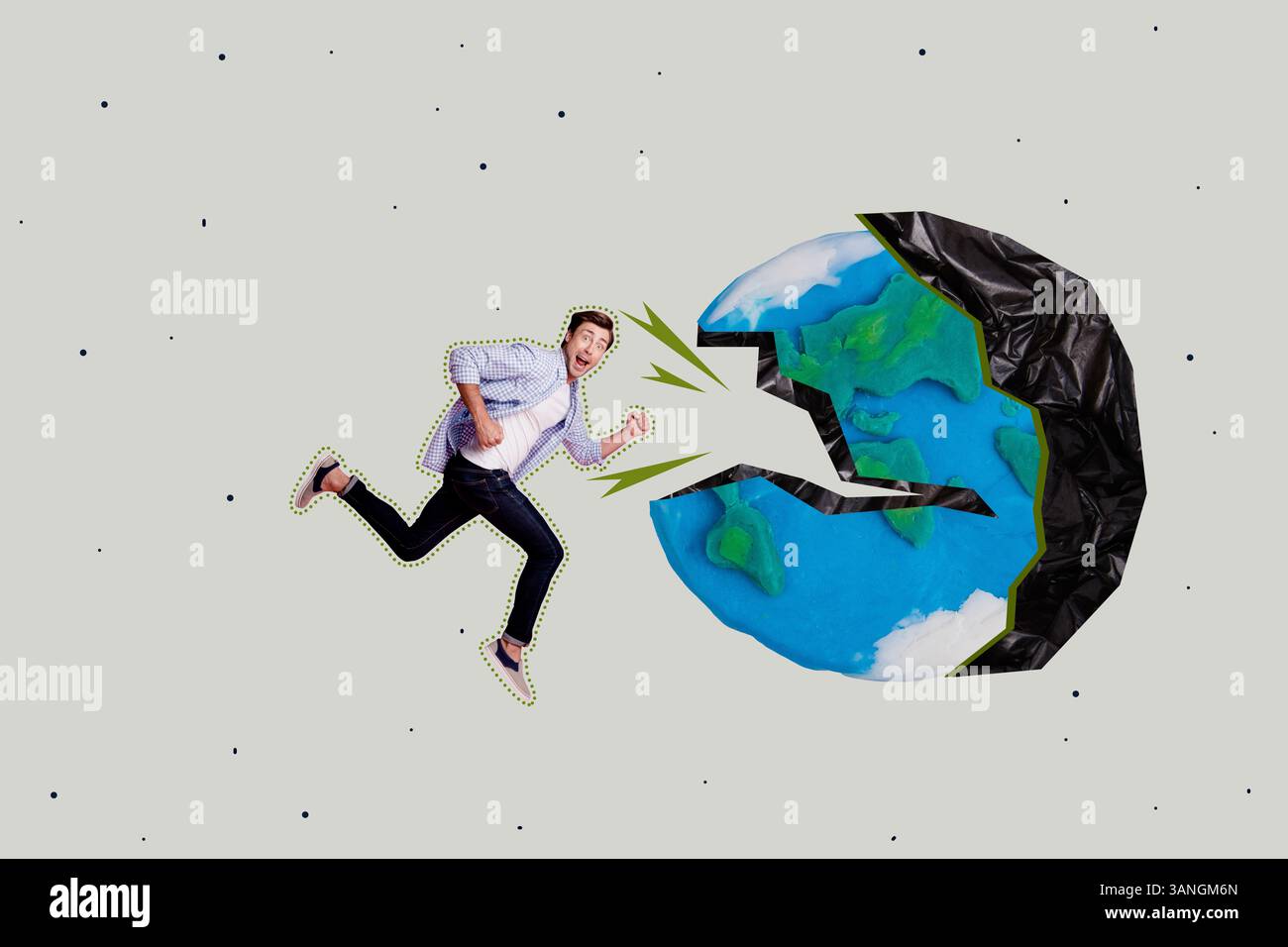 Creative pop poster sketch collage of happy guy run mouth destroyed ...