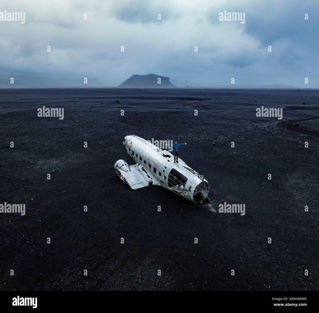 Aerial view of black sand beach with abandoned plane wreck, Vik i ...