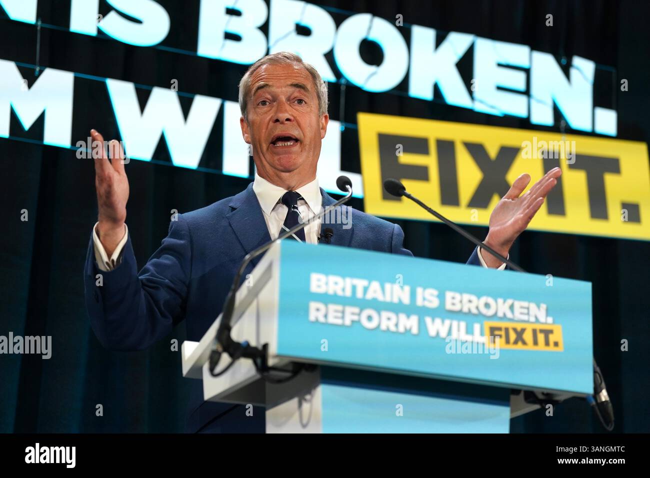 Reform UK leader Nigel Farage speaking at the Newton Aycliffe working ...