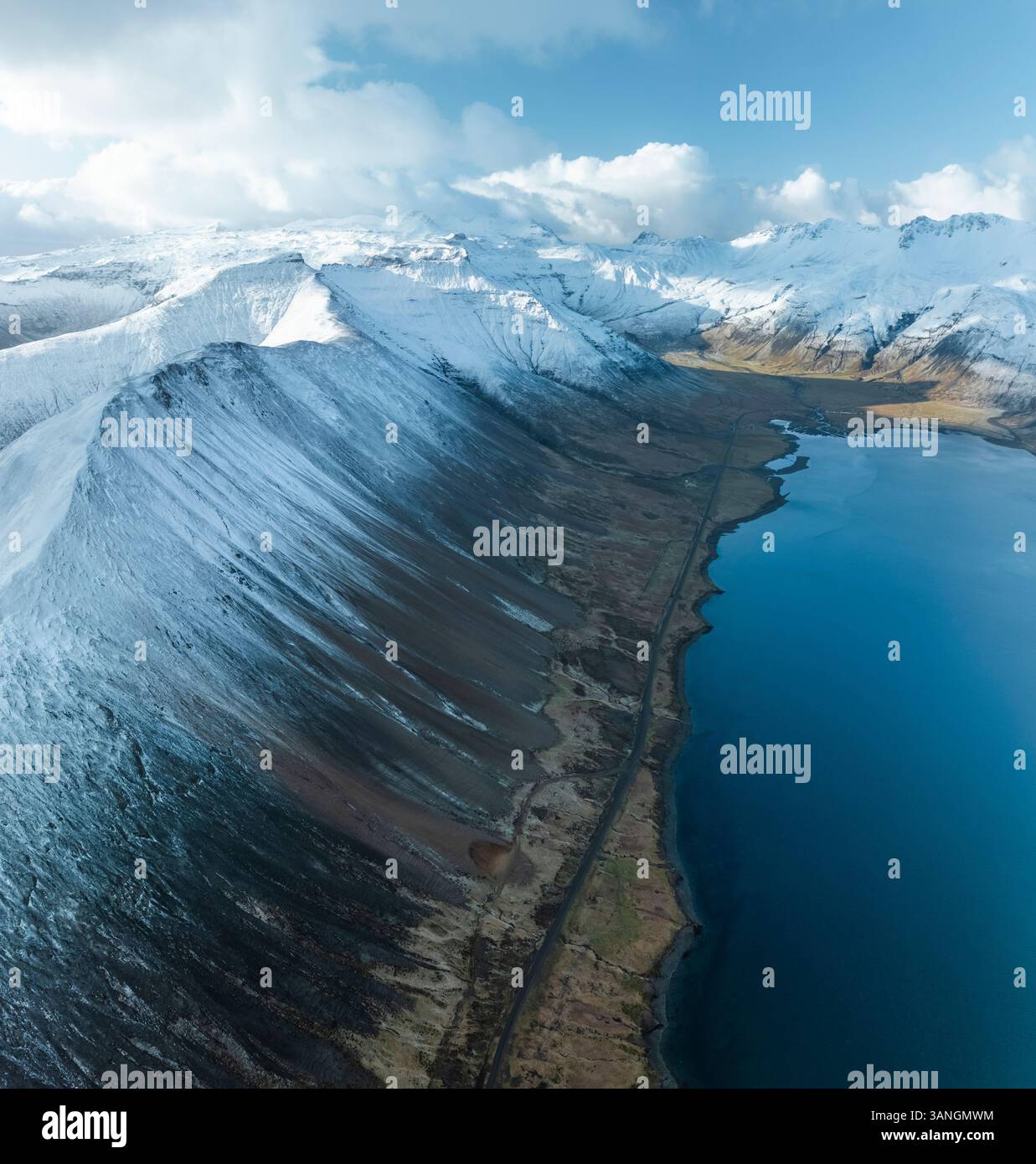 Aerial view of Kirkjufell in the beautiful Kolgrafarfjordur, Western ...