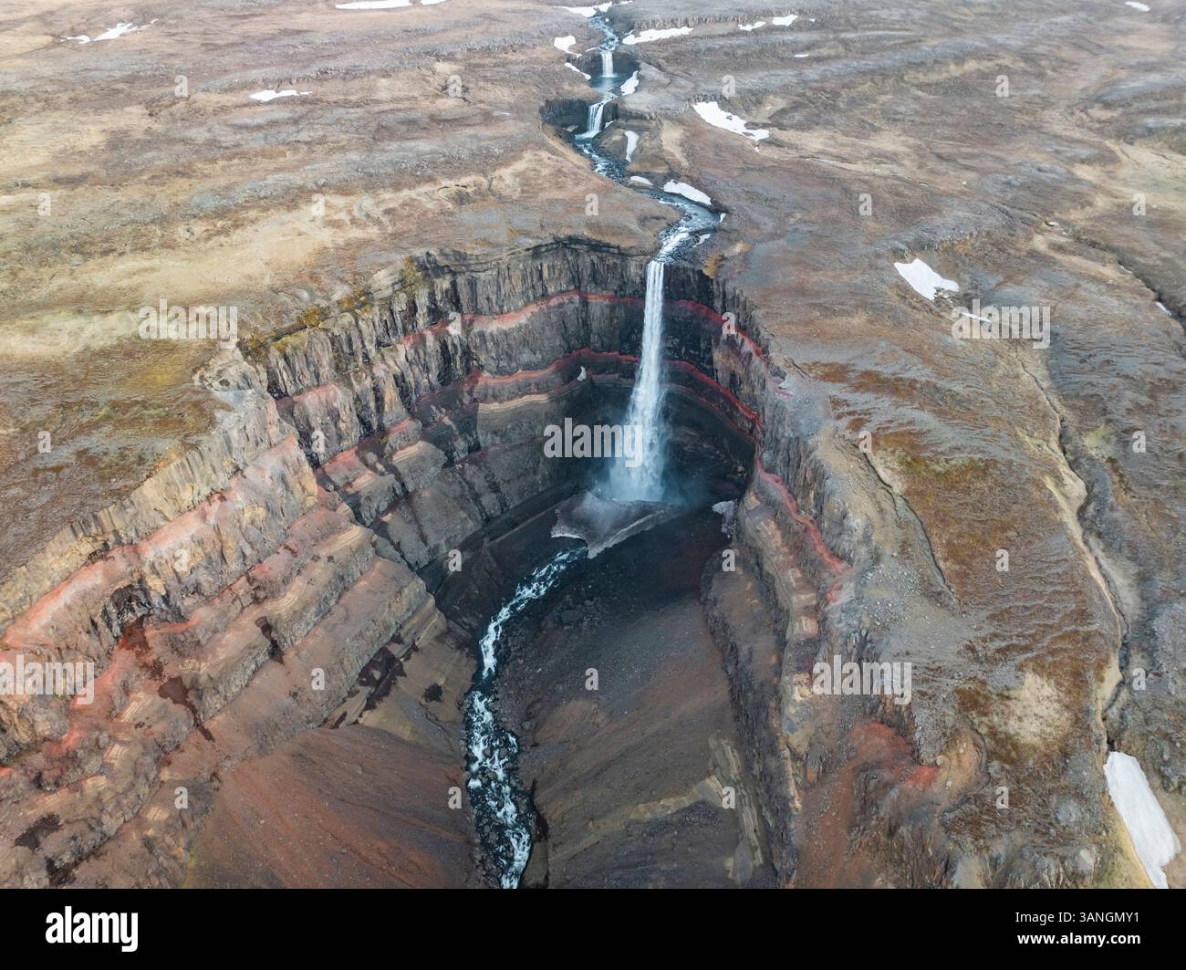 Aerial view of Hengifoss, waterfall, Egilsstadir, Eastern Region ...
