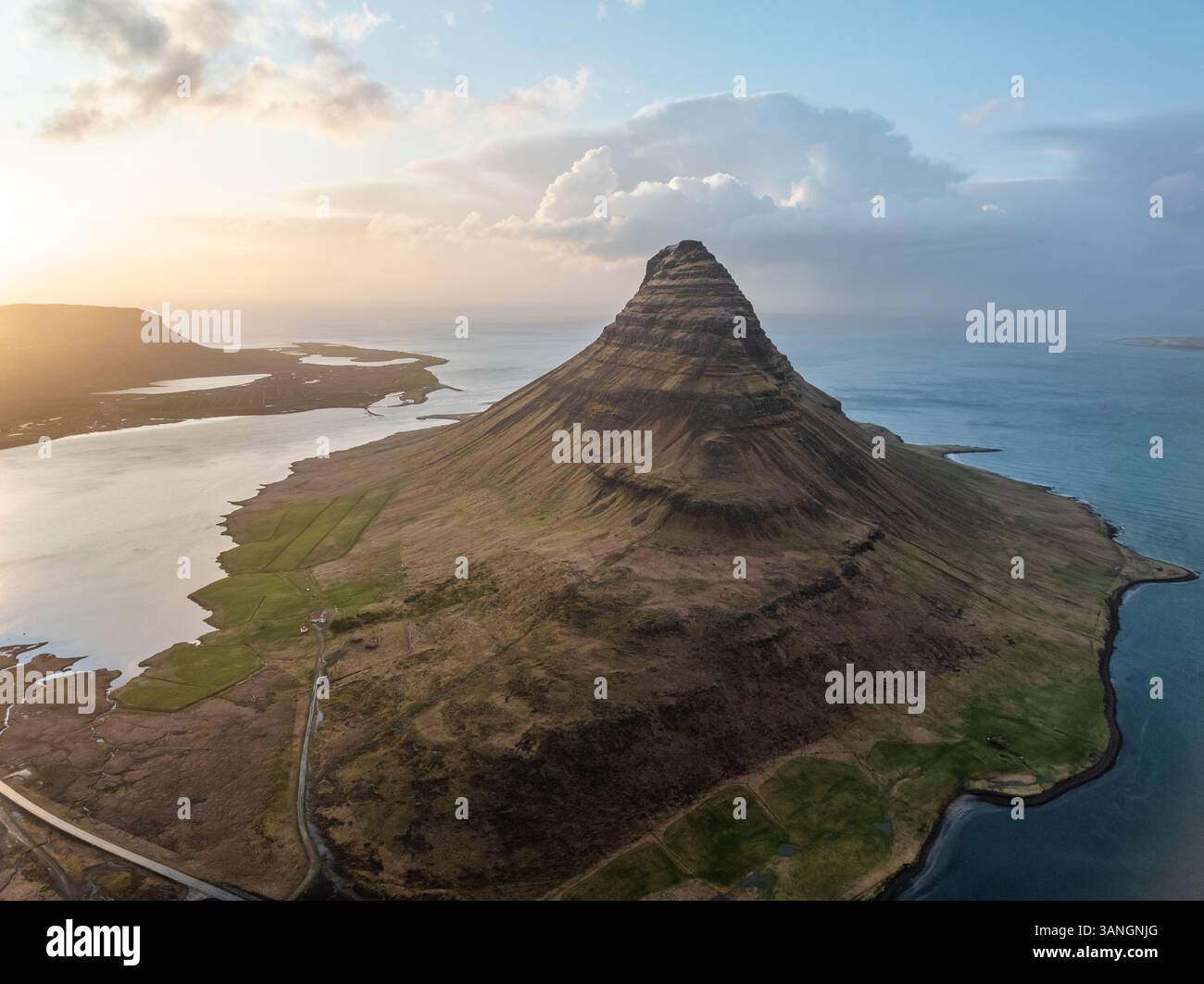 Aerial view of Kirkjufell Mountain and Kirkjufellsfossar Waterfall ...