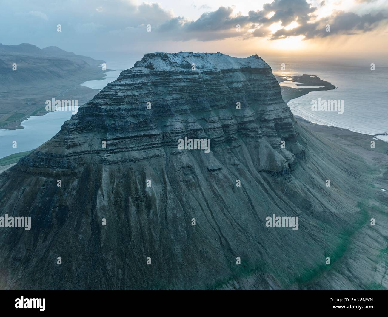 Aerial view of Kirkjufell mountain and Kirkjufellsfossar waterfall in ...
