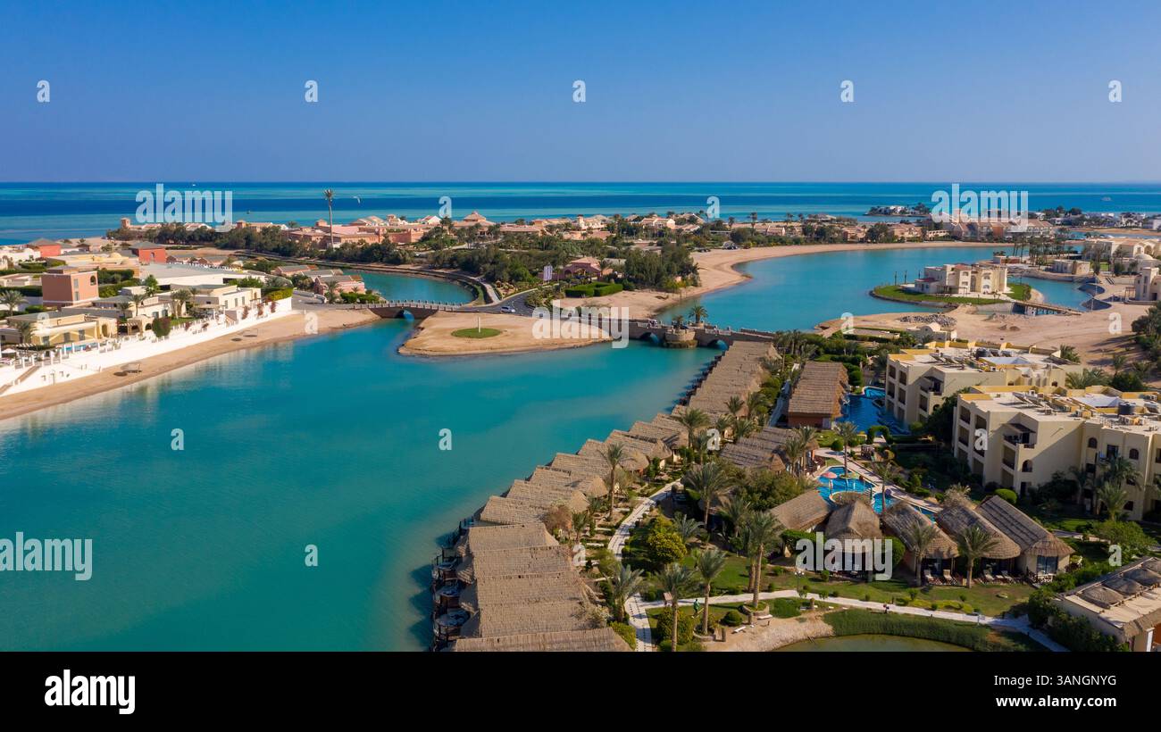 Stunning aerial view of a peninsula resort in El Gouna Egypt, with ...