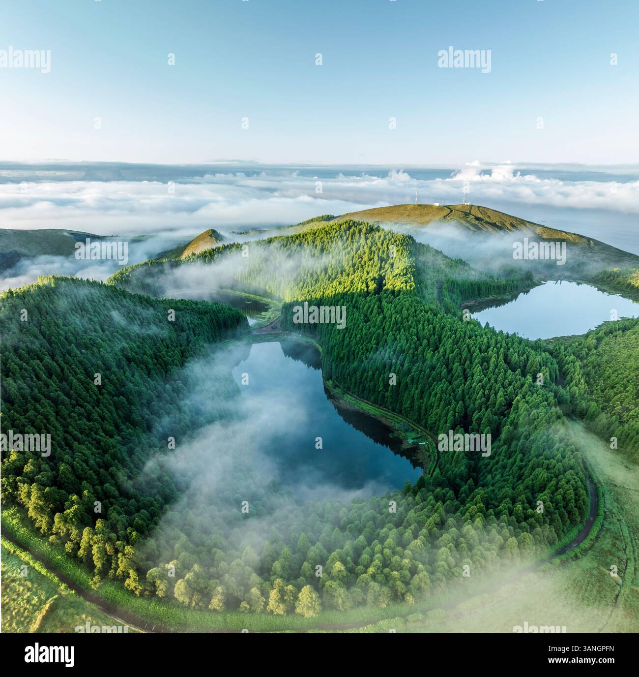 Aerial view of Seven Lakes, Sao Miguel Island with emerald green ...