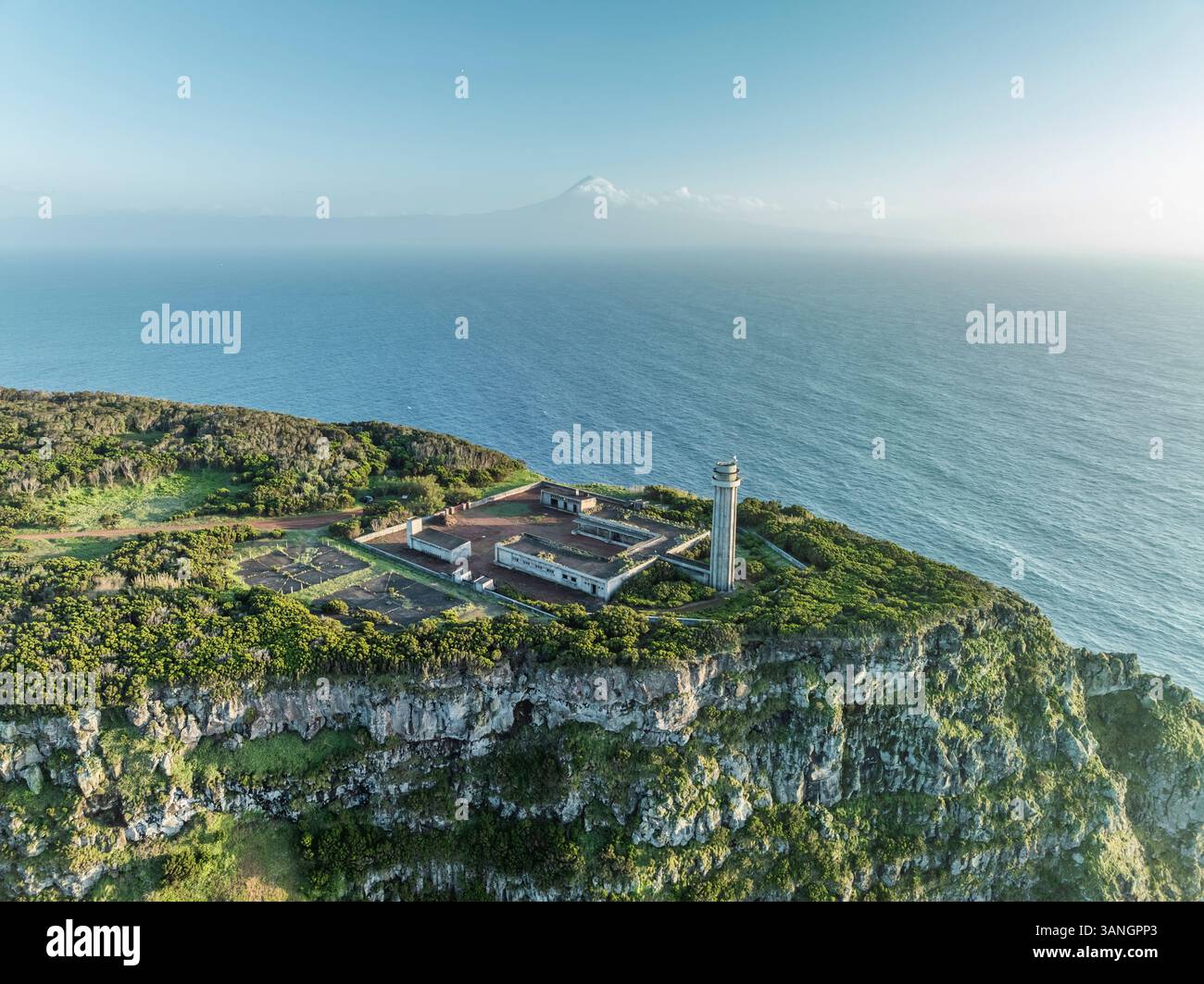 Aerial view of Farol dos Rosais lighthouse on Sao Jorge Island, Rosais ...