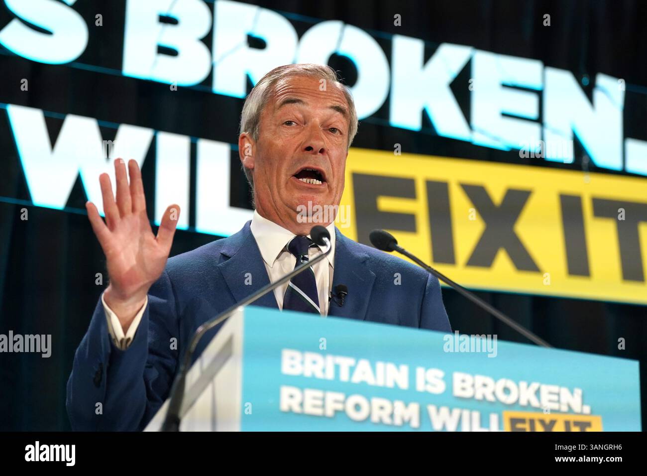 Reform UK leader Nigel Farage speaking at the Newton Aycliffe working ...